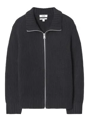 Cos Funnel-Neck Knitted Wool Jacket Navy