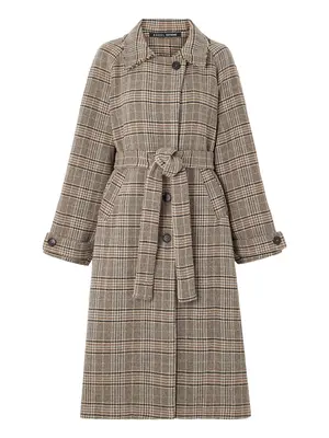 KASSL EDITIONS KASSL EDITIONS Distressed Belted Checked Wool-Blend Coat Camel