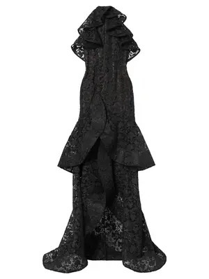 Oscar De La Renta Ruffled Guipure Lace Gown - Black