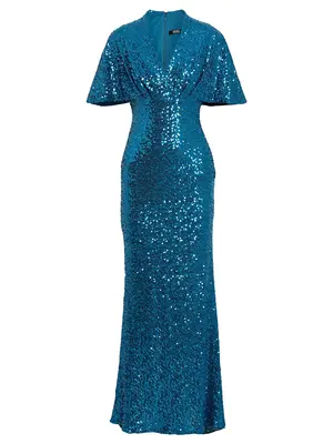 Badgley Mischka Draped Sequined Mesh Gown - Teal