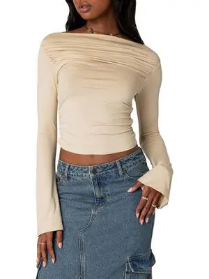 EDIKTED Gathered Bateau Neck Crop Top - Cream