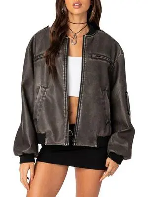 EDIKTED Vava Washed Faux Leather Bomber Jacket - Gray-washed