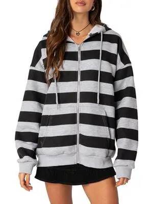 EDIKTED Maritza Oversized Striped Zip Hoodie - Gray-melange