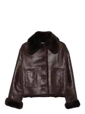David Koma Leather Jacket With Faux Fur Collar - Brown