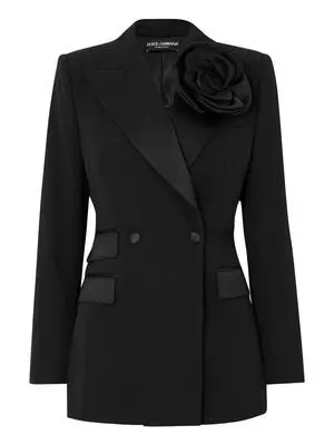 Dolce & Gabbana Appliquéd Silk-satin Trimmed Double-breasted Wool-blend Blazer - Black