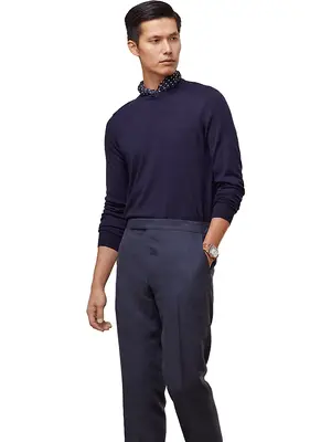Ralph Lauren Purple Label Gregory Hand-Tailored Silk-Linen Trousers Classic Chairman Navy