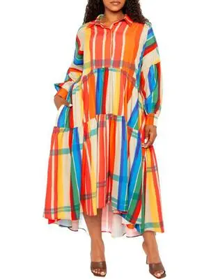 BUXOM COUTURE Plaid Tiered Shirtdress - Rust Multi
