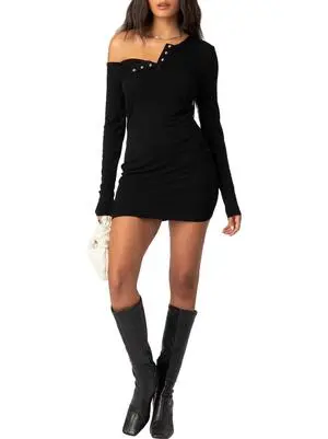 EDIKTED Soleste Long Sleeve Rib Henley Minidress - Black