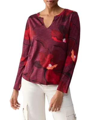 Sanctuary Sanctuary Print Split Neck Knit Top Red Enchanted