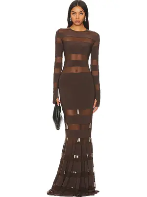 Norma Kamali Spliced Fishtail Gown - Chocolate & Chocolate Mesh