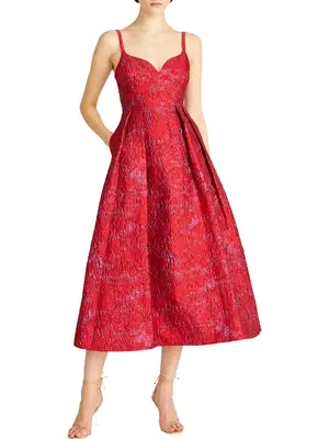 Monique Lhuillier Isabela Metallic Floral Jacquard Midi Cocktail Dress - Carmine Multi
