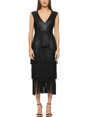 Herve Leger Foiled Bandage Fringe Midi Dress - Black Foil
