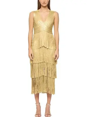 Herve Leger Foiled Bandage Fringe Midi Dress - Gold Foil