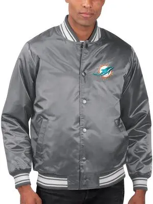 STARTER Miami Dolphins Locker Room Satin Varsity Jacket - Gray