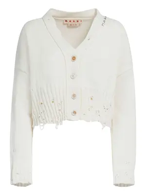 Marni Logo-embroidered Distressed Cardigan - White