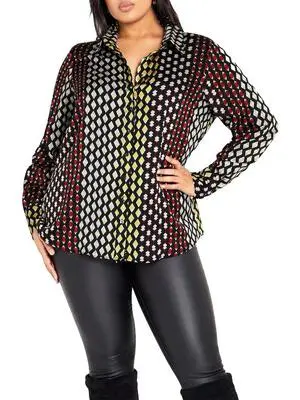 City Chic Genevieve Mix Print Long Sleeve Shirt - Retro Geo