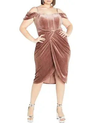 City Chic Jayla Glitter Stripe Velour Cocktail Dress - Rose