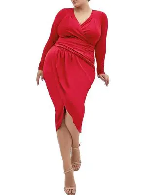CITY CHIC Ruched Long Sleeve Midi Dress