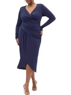 City Chic Ruched Long Sleeve Midi Dress - Navy