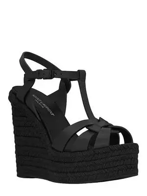 Saint Laurent Tribute Espadrilles Wedge - Black Smooth Leather