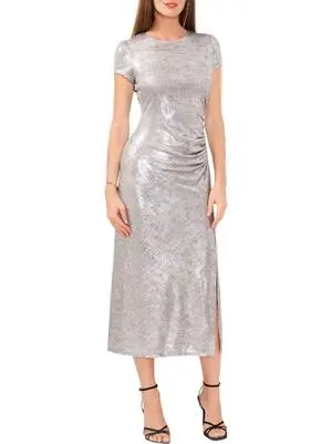 Vince Camuto Foil Ruched Cocktail Midi Dress - Alloy