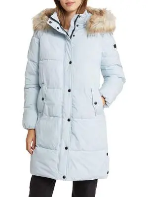 Sam Edelman Hooded Puffer Coat With Faux Fur Trim - Porcelain Blue