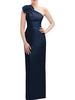 Alfred Sung Flower One-shoulder Column Gown - Midnight