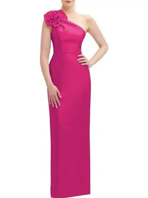 Alfred Sung Flower One-shoulder Column Gown - Think Pink