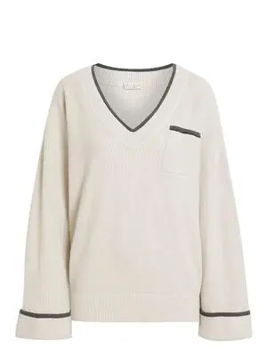 Brunello Cucinelli Bead-embellished Ribbed Cashmere Sweater - Ecru