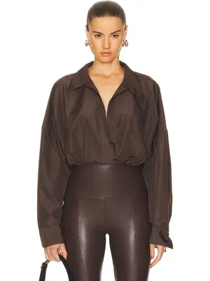 Norma Kamali Norma Kamali Super Oversized Boyfriend Shirt Bodysuit Chocolate
