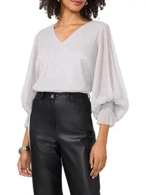Vince Camuto Metallic Blouson V-neck Top - Silver