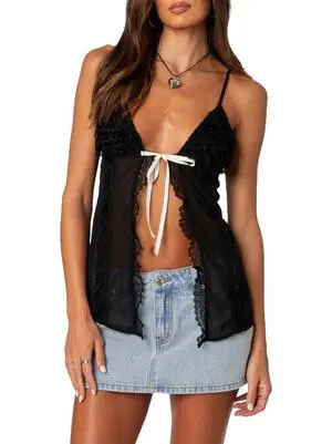 EDIKTED Linette Split Front Lace Trim Camisole - Black