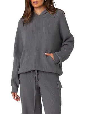 EDIKTED Wynter Ribbed Knit Relaxed Fit Hooded Sweater - Gray