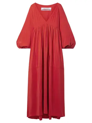 Another Tomorrow Gathered Silk Crepe De Chine Maxi Dress - Red