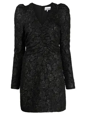 GANNI Floral-jacquard V-neck Dress - Black