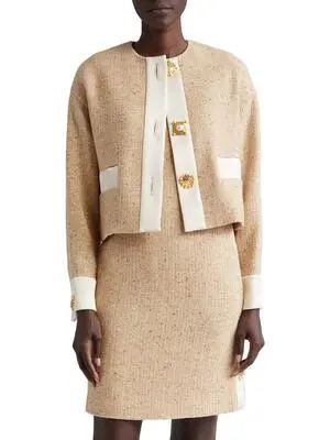 St. John Crepe Trim Boxy Tweed Jacket - Light Sand