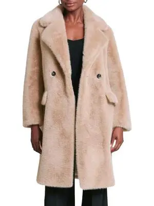 Avec Les Filles Relaxed Fit Longline Double Breasted Faux Mink Coat - Tan