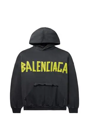 Balenciaga Oversized Distressed Logo-print Cotton-jersey Hoodie - Black