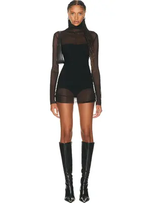 Norma Kamali Long Sleeve Turtleneck Pickleball Dress - Black & Black Mesh