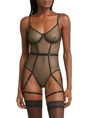 COQUETTE Shimmery Fishnet Teddy - Black