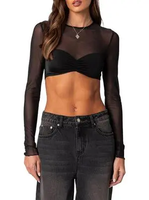 EDIKTED Illusion Neckline Long Sleeve Crop Top - Black