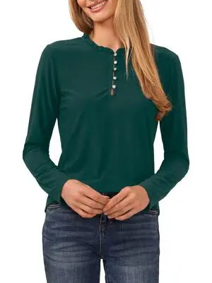 CECE DUPRAZ CeCe Ruffle Trim Knit Henley Dark Forest Green