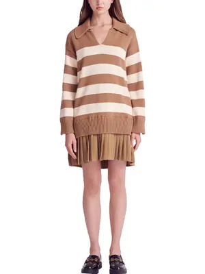 English Factory Mixed Media Long Sleeve Pleated Minidress - Camel/beige