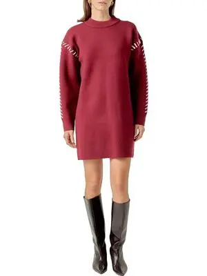 English Factory Whipstitch Sweater Minidress - Burgundy/pink
