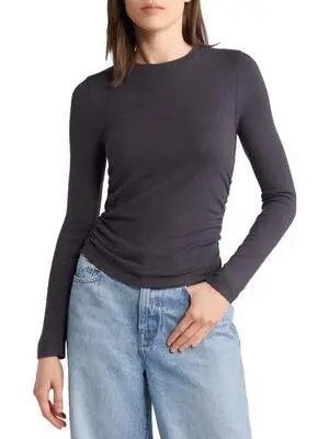 Madewell Long Sleeve Ruched Brushed Jersey Top Black Coal