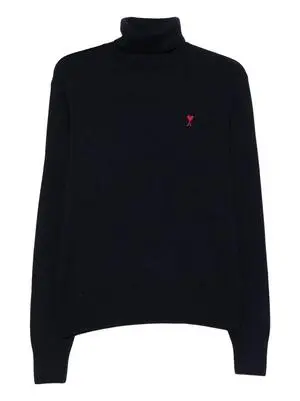 Ami Turtleneck Sweater With Heart Embroidery - Blue