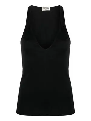 Saint Laurent Plunging Satin Tank Top - Black