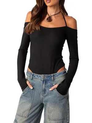 EDIKTED Cold Shoulder Ribbed Bodysuit - Black