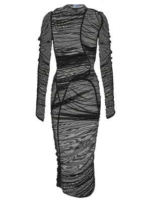 MUGLER Ruched Mesh Midi Dress - Black