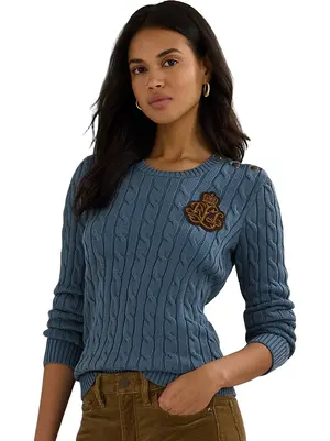 Ralph Lauren Button-Trim Cable-Knit Cotton Sweater Blue Dusk